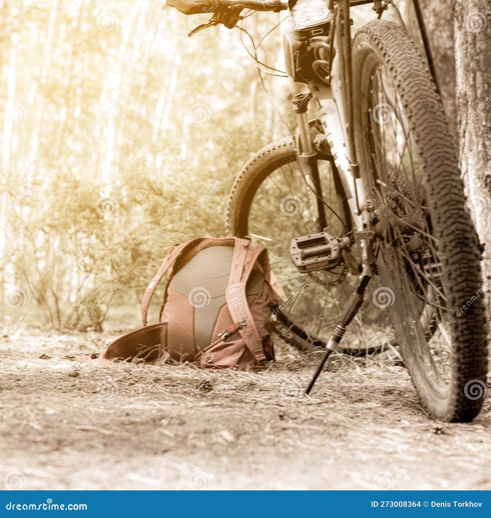 A Lying Hiking Backpack Lying Next To a Bicycle on the Ground on a ...