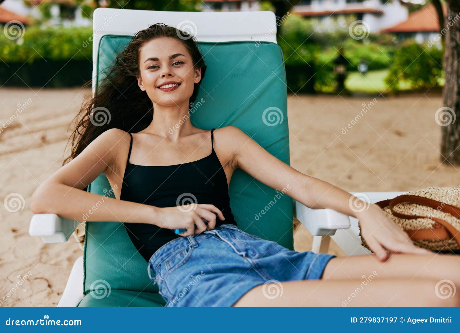 Lying Woman Sand Ocean Resort Chair Beach Sea Smiling Lifestyle Sunbed