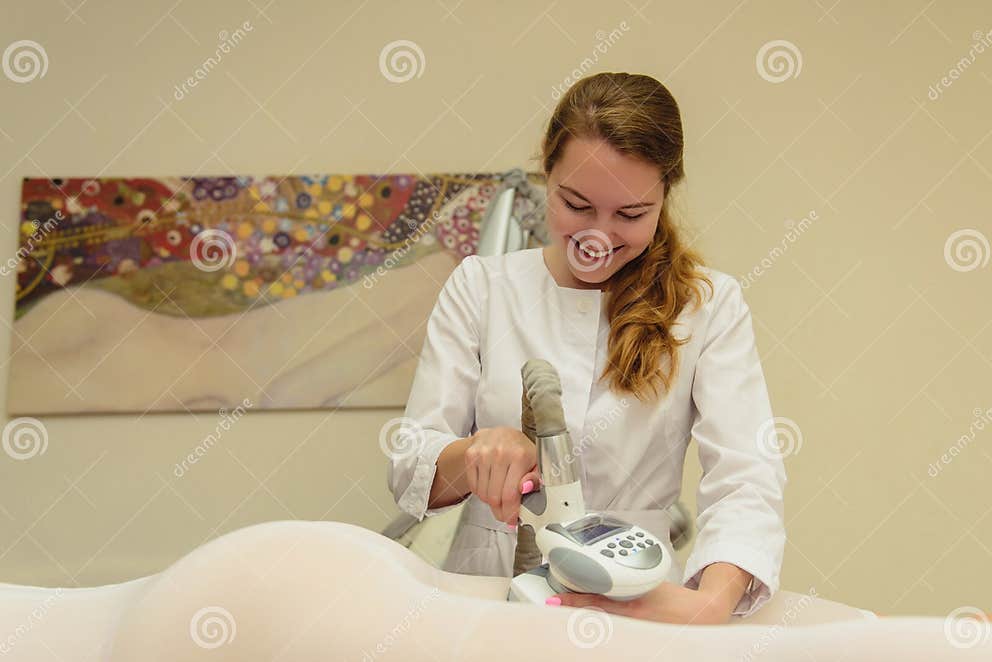 Lymphatic Drainage Massage Lpg Apparatus Process Woman In White Suit