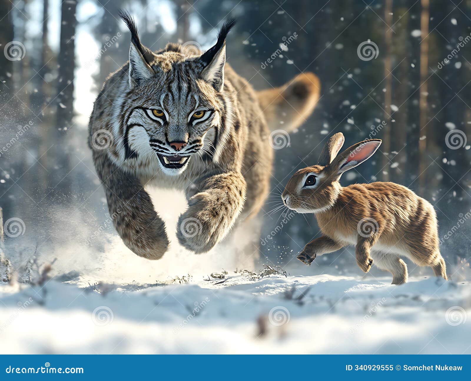 Lynx Chasing Rabbit in Snowy Landscape, Action Shot Stock Illustration ...