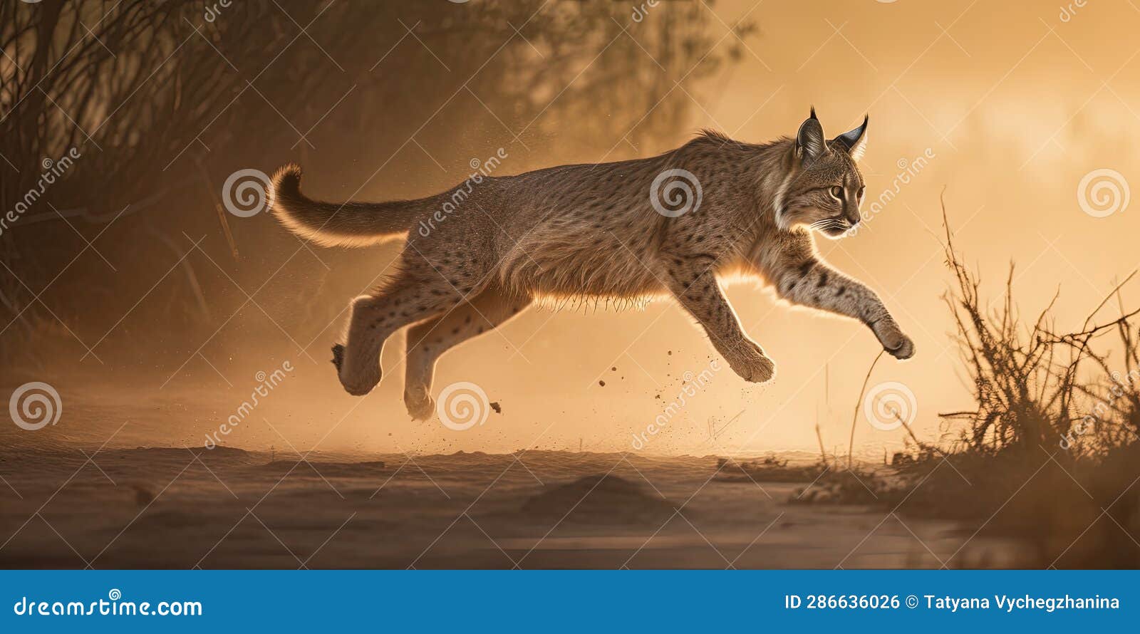 Lynx is Jumping Forward in the Steppe Stock Illustration - Illustration ...