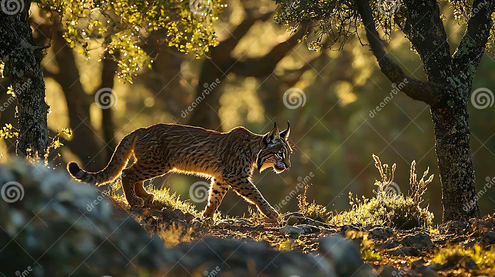 Lynx Walking through a Forest at Sunset, Nature Background Stock ...