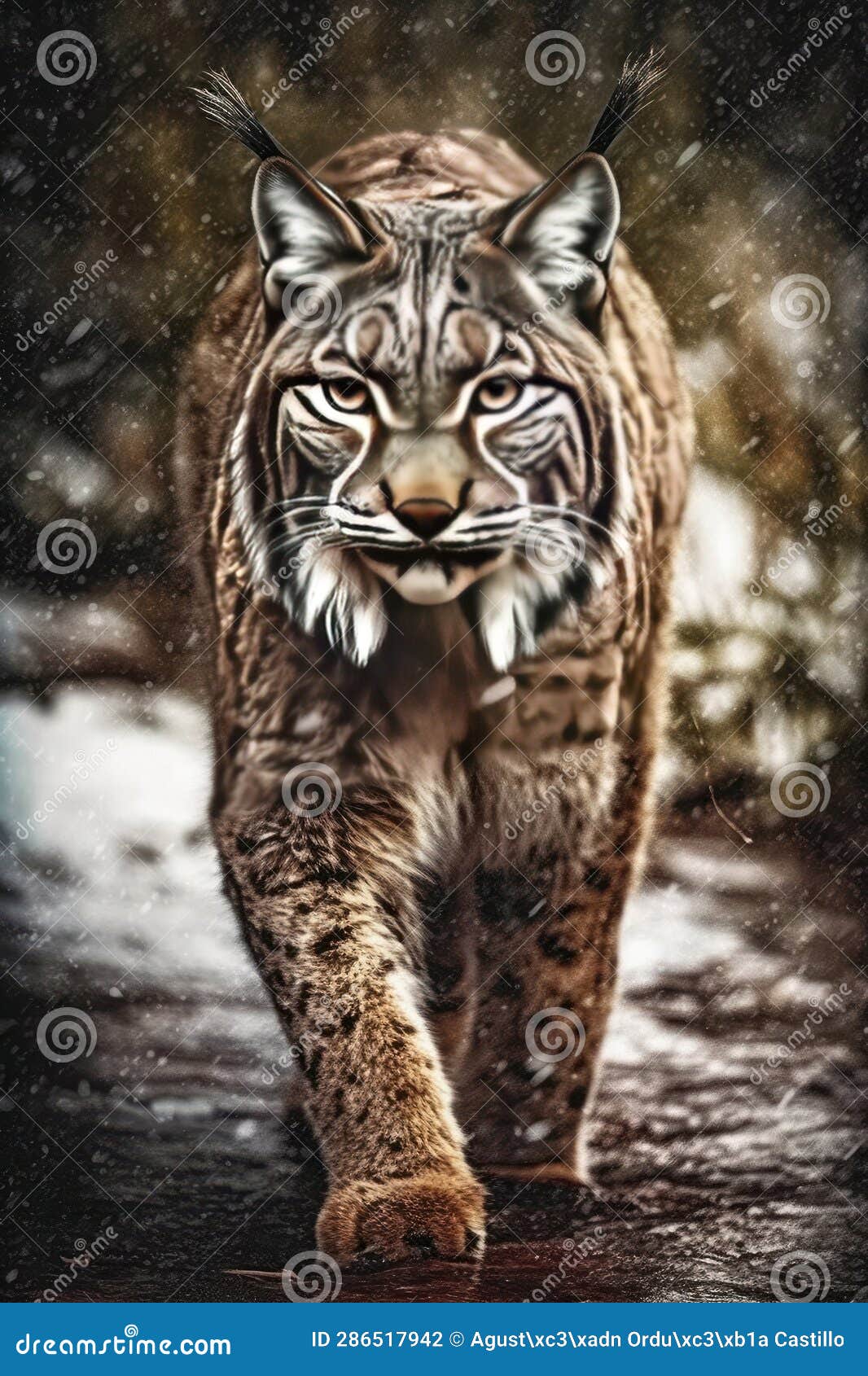A Lynx Was Stealthily Prowling Through The Snowy Forest. Stock ...