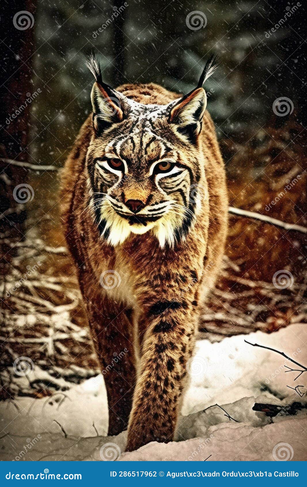 A Lynx Was Stealthily Prowling through the Snowy Forest. Stock Photo ...