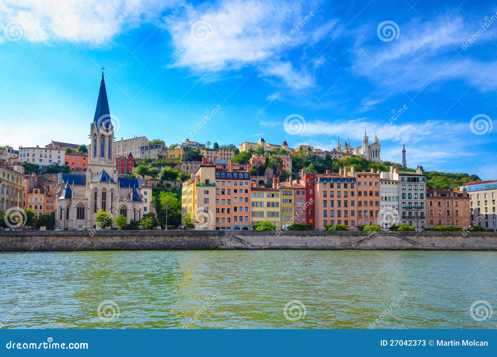 Lyon Cityscape from Saone River Stock Image - Image of blue, cloudscape ...