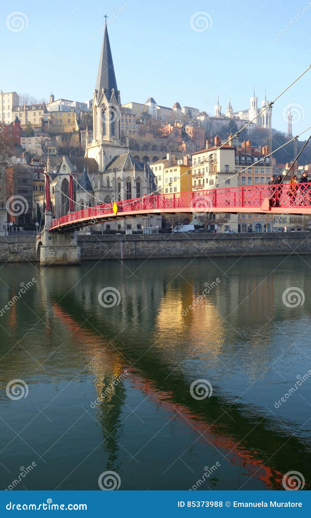 Lyon`s Red Bridge Mirrored in the Water Stock Photo - Image of lyons ...