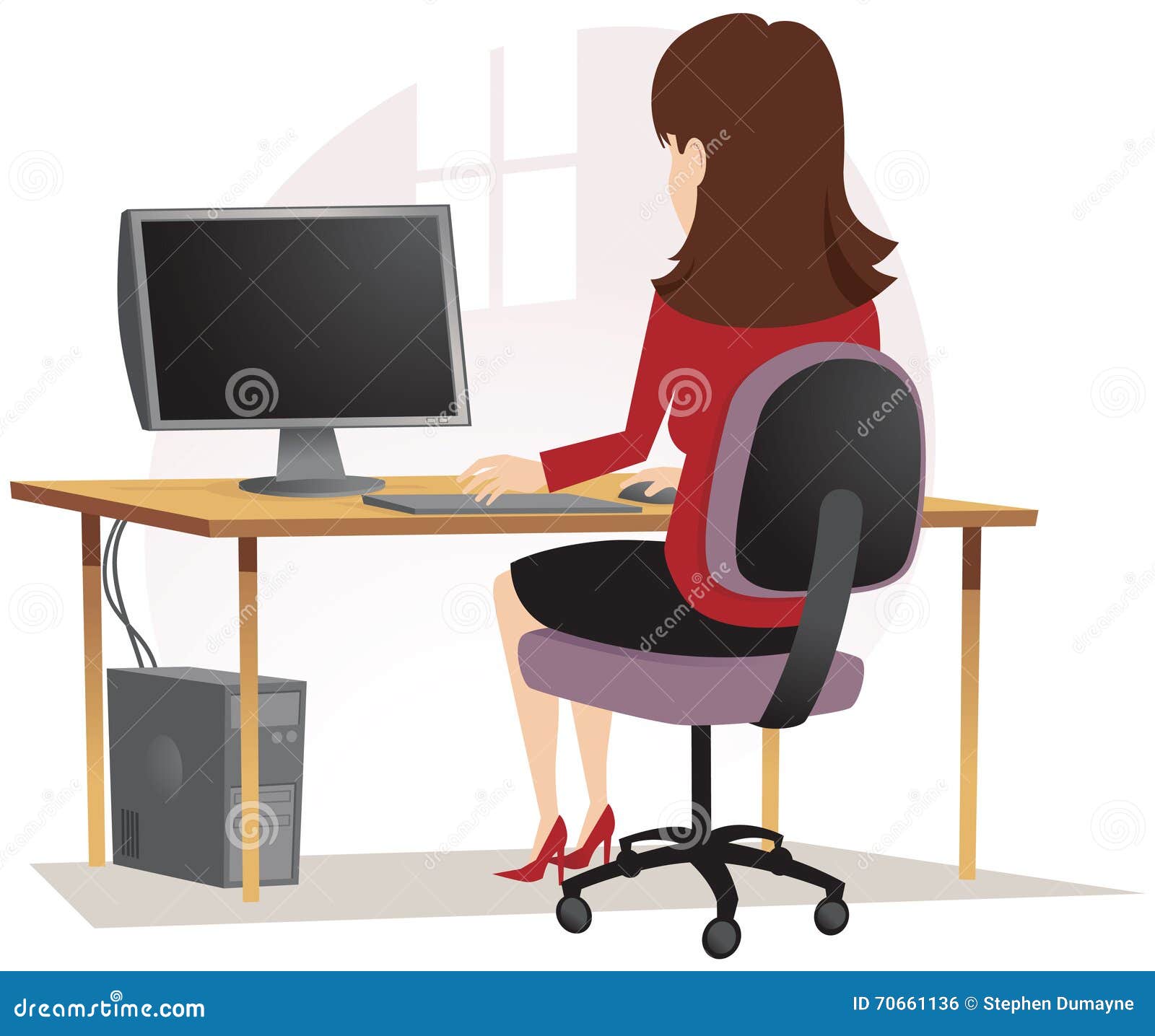 Mädchen, das am PC sitzt vektor abbildung. Illustration von besetzt ...