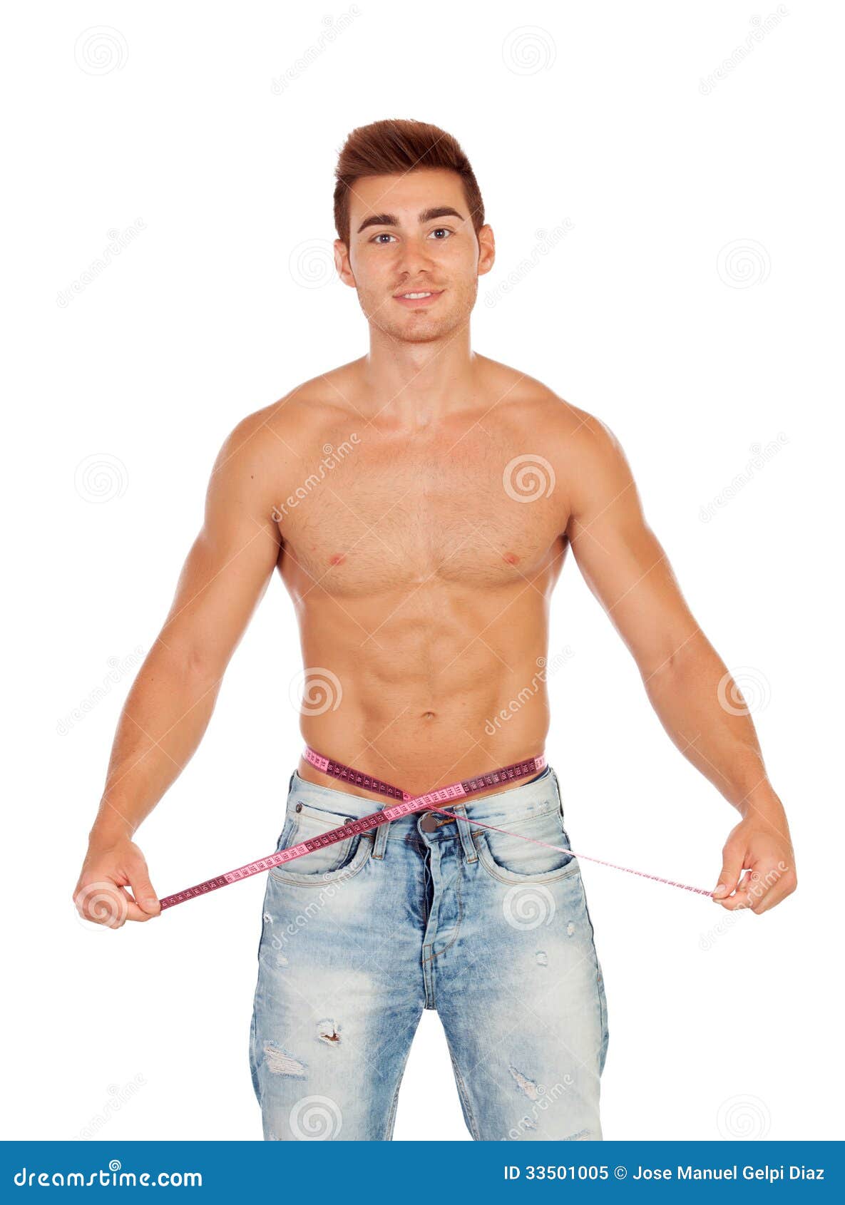 Männer Mit Den Perfekten ABS, Die Seine Taille Messen Stockbild - Bild ...