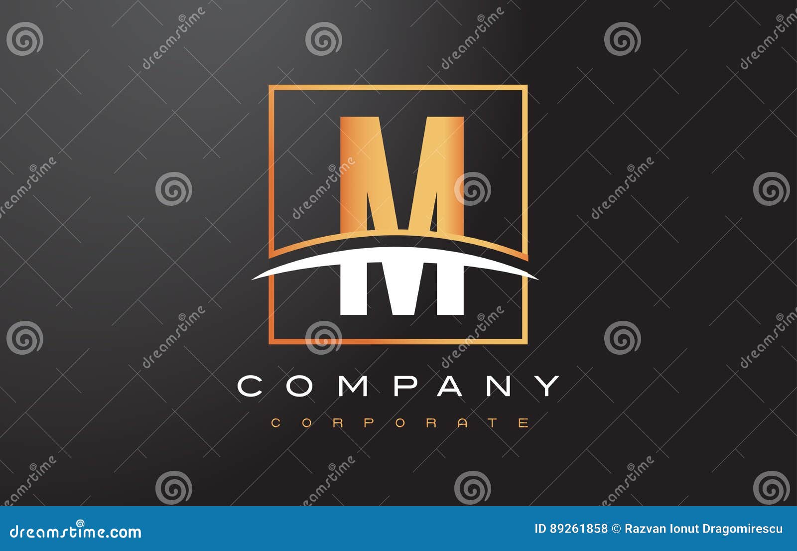 M Golden Letter Logo Design with Gold Square and Swoosh. Stock Vector ...