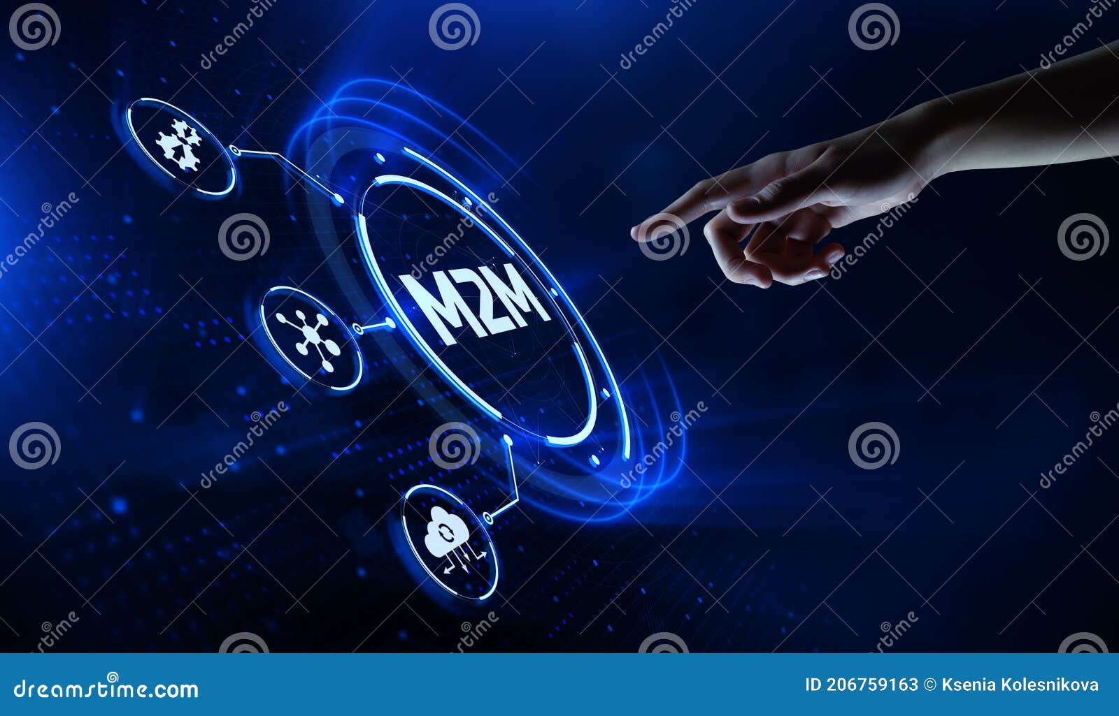 M2M Machine-to-machine Technology Concept. Hand Pressing Button on ...