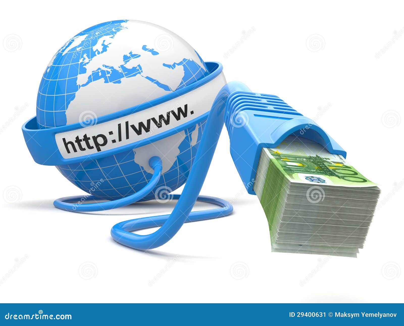 Maak Geld Online. Concept. Aarde En Internet Kabel Met Geld. Stock ...