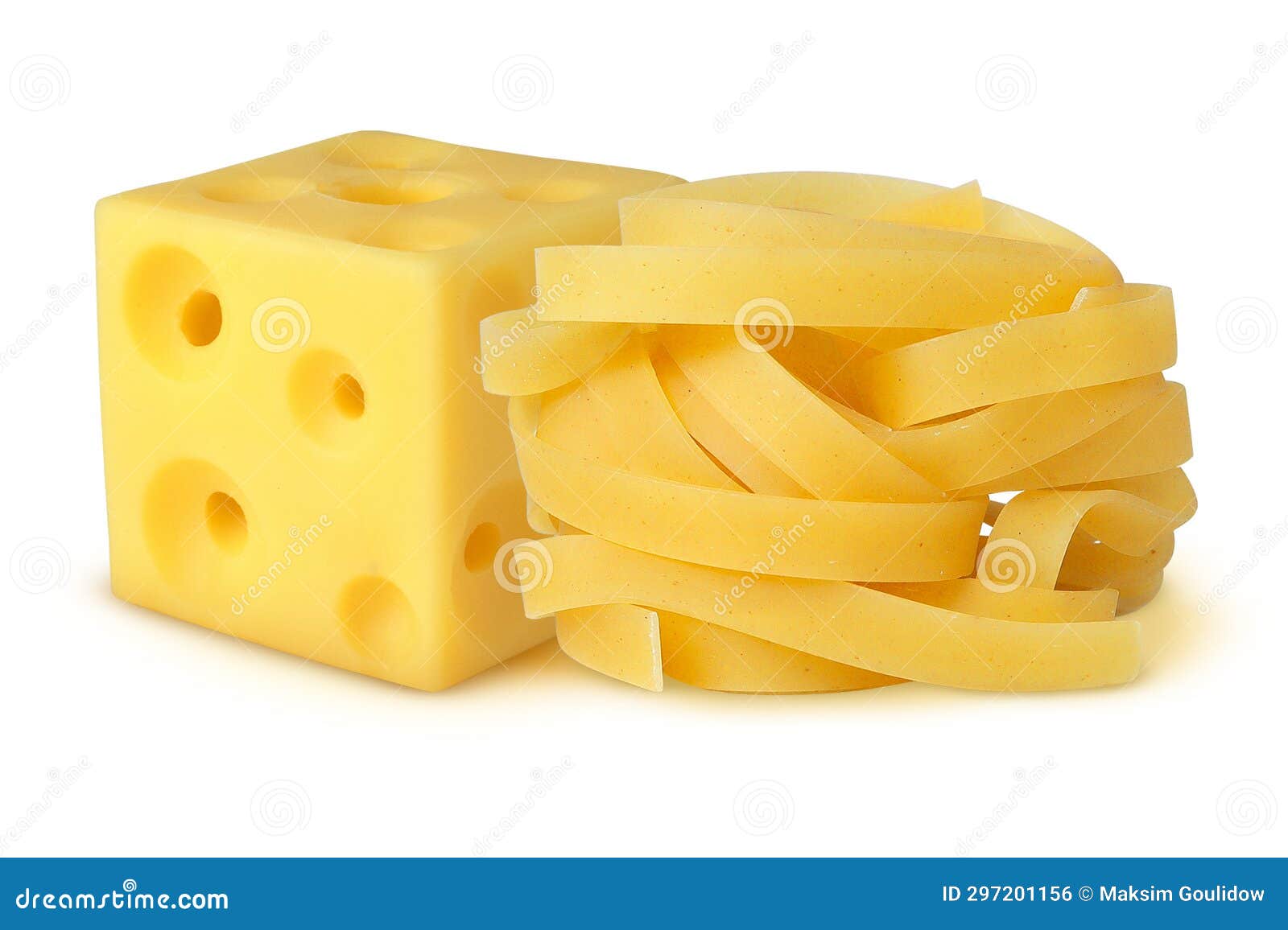 Maasdam Cheese Cube and Pasta on Isolated White Background. Stock Photo ...