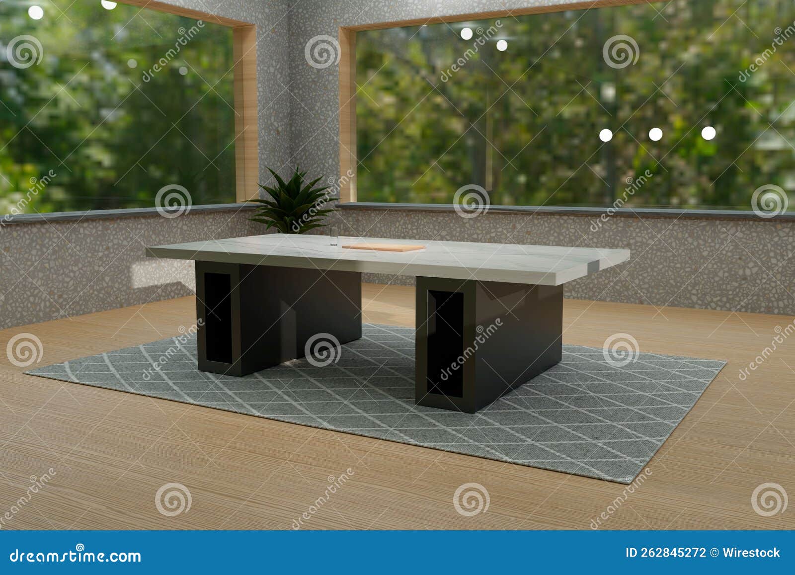 Mable Table on a Mat with an Open Windows and Trees Outside. Stock ...