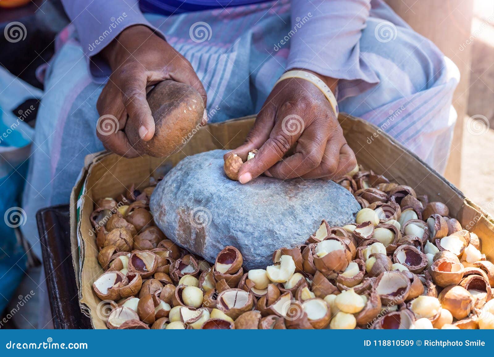 Nuts Being Cracked Open with a Rock. Stock Image - Image of open, fruit ...