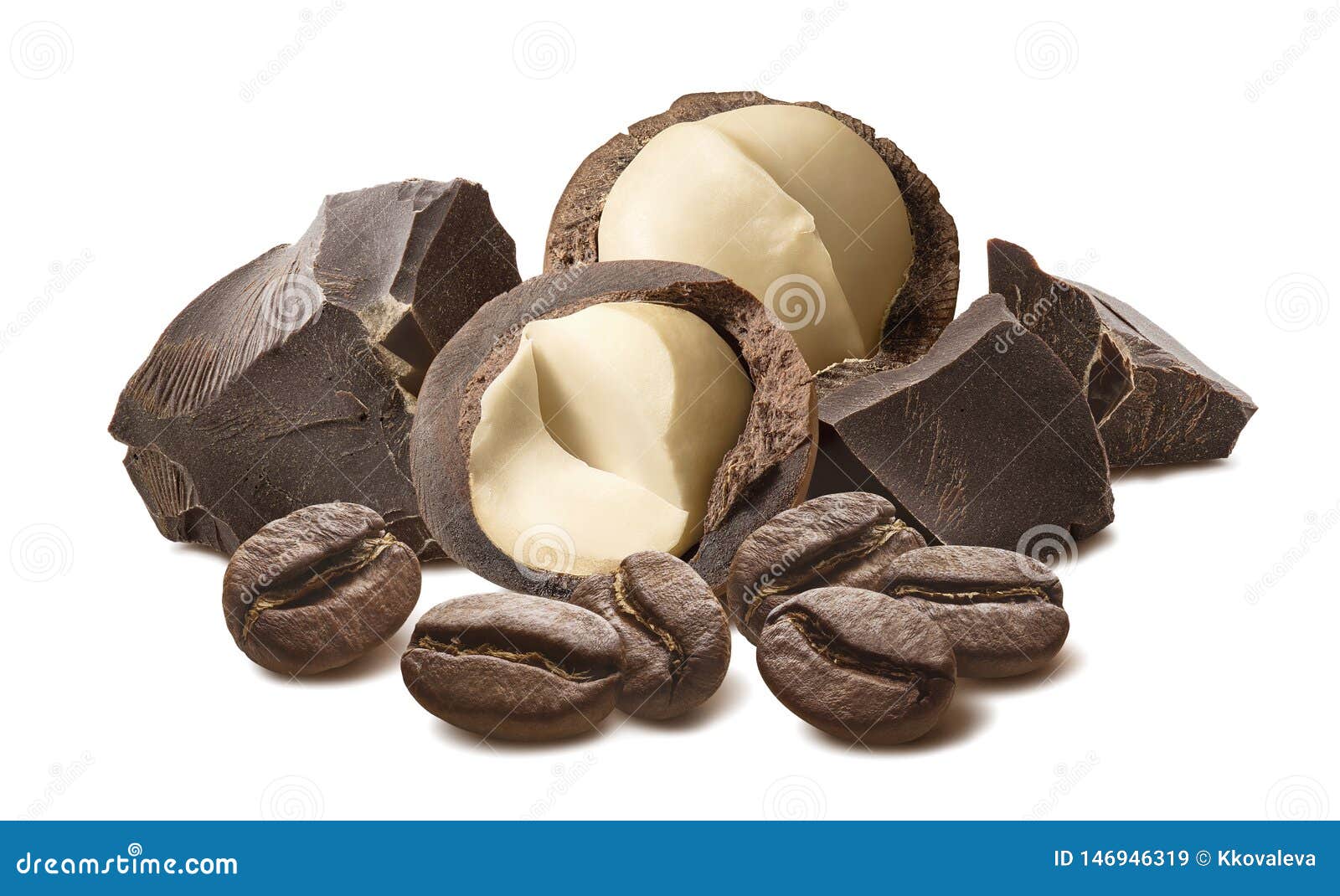 Macadamia Nuts, Craft Chocolate and Coffee Beans Isolated on White ...