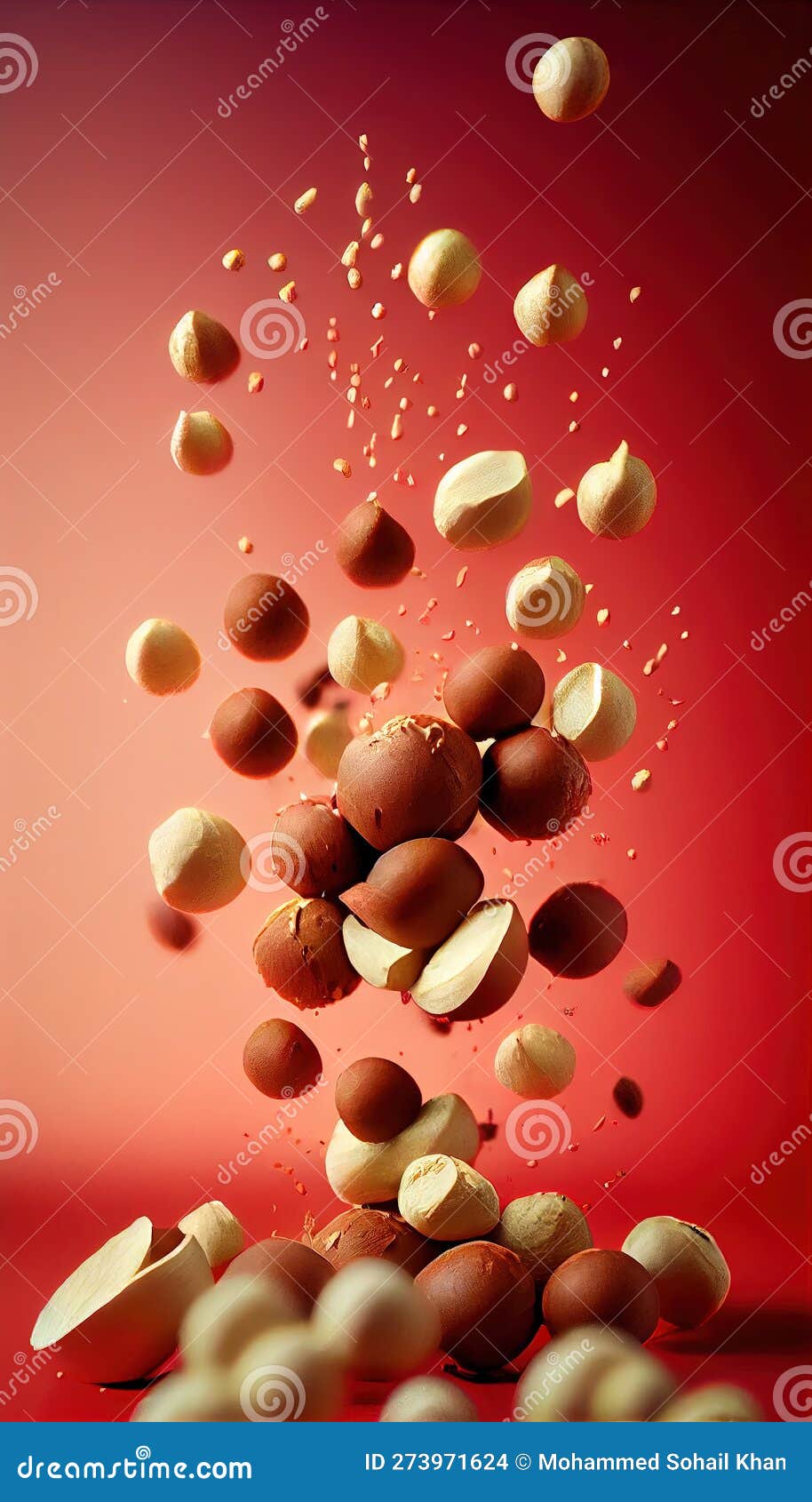 Macadamia Nuts Creatively Falling-Dripping Flying or Splashing on Red ...