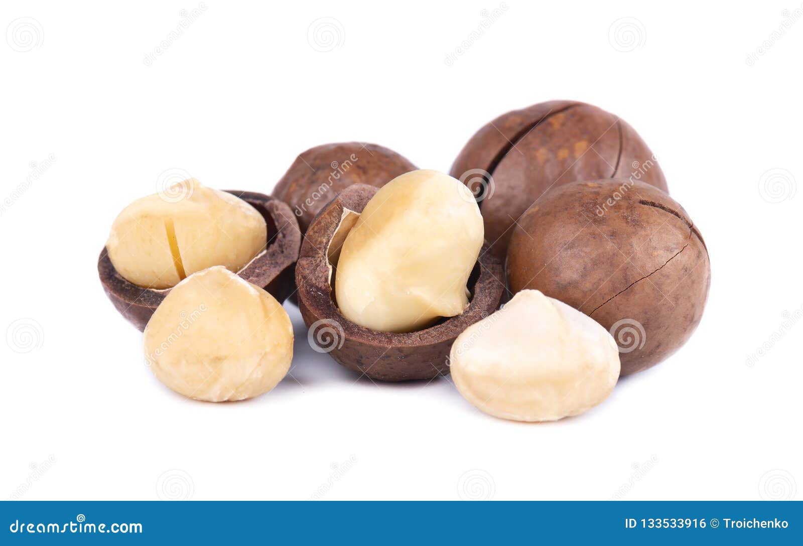 Macadamia Nuts, on White Background. Shelled and Unshelled Macadamia ...
