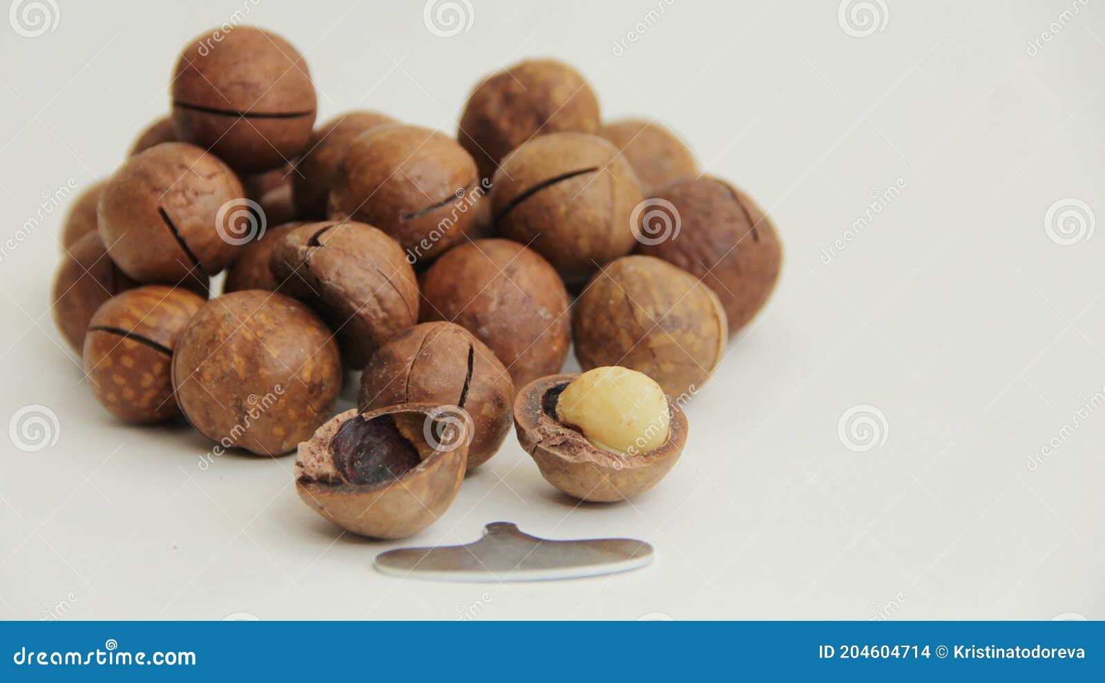 Macadamia Nuts Whole and One Split and a Metal Key on a White ...