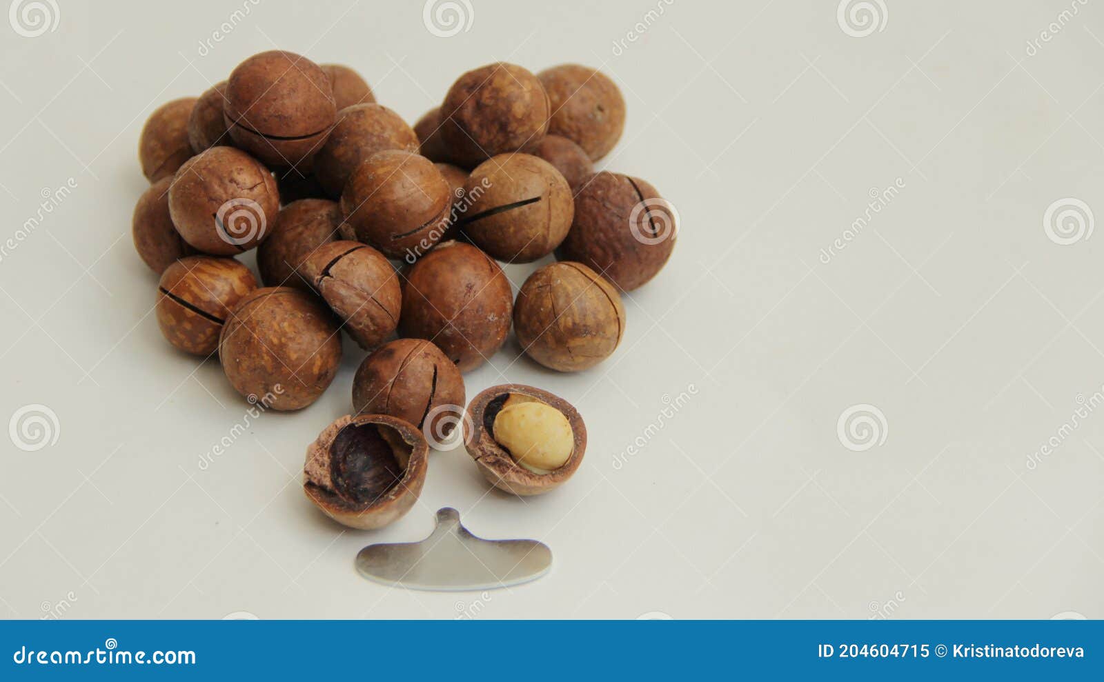 Macadamia Nuts Whole and One Split and a Metal Key on a White ...
