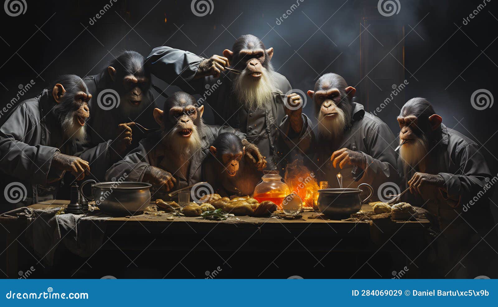 Macaque Monkeys Working at the Table in Aprons, Concept of Monkeys in ...
