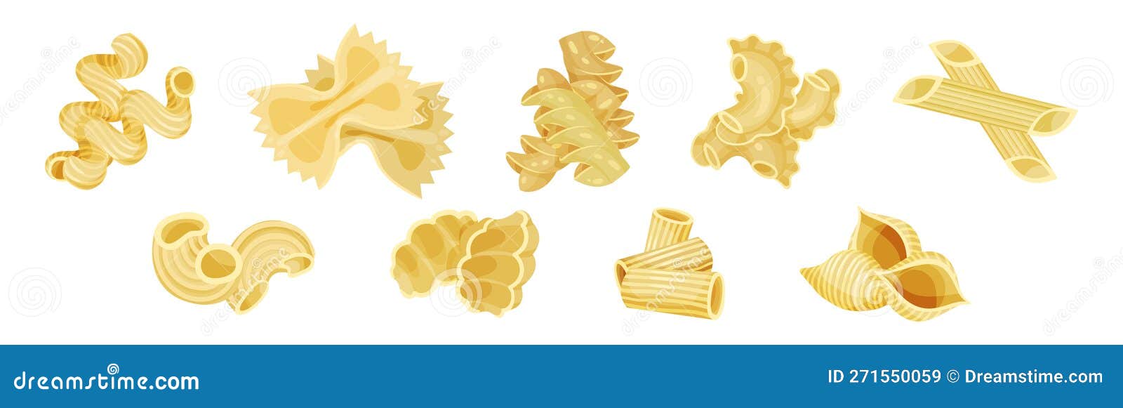 Macaroni As Dry Shaped Pasta Made With Durum Wheat Vector Set ...