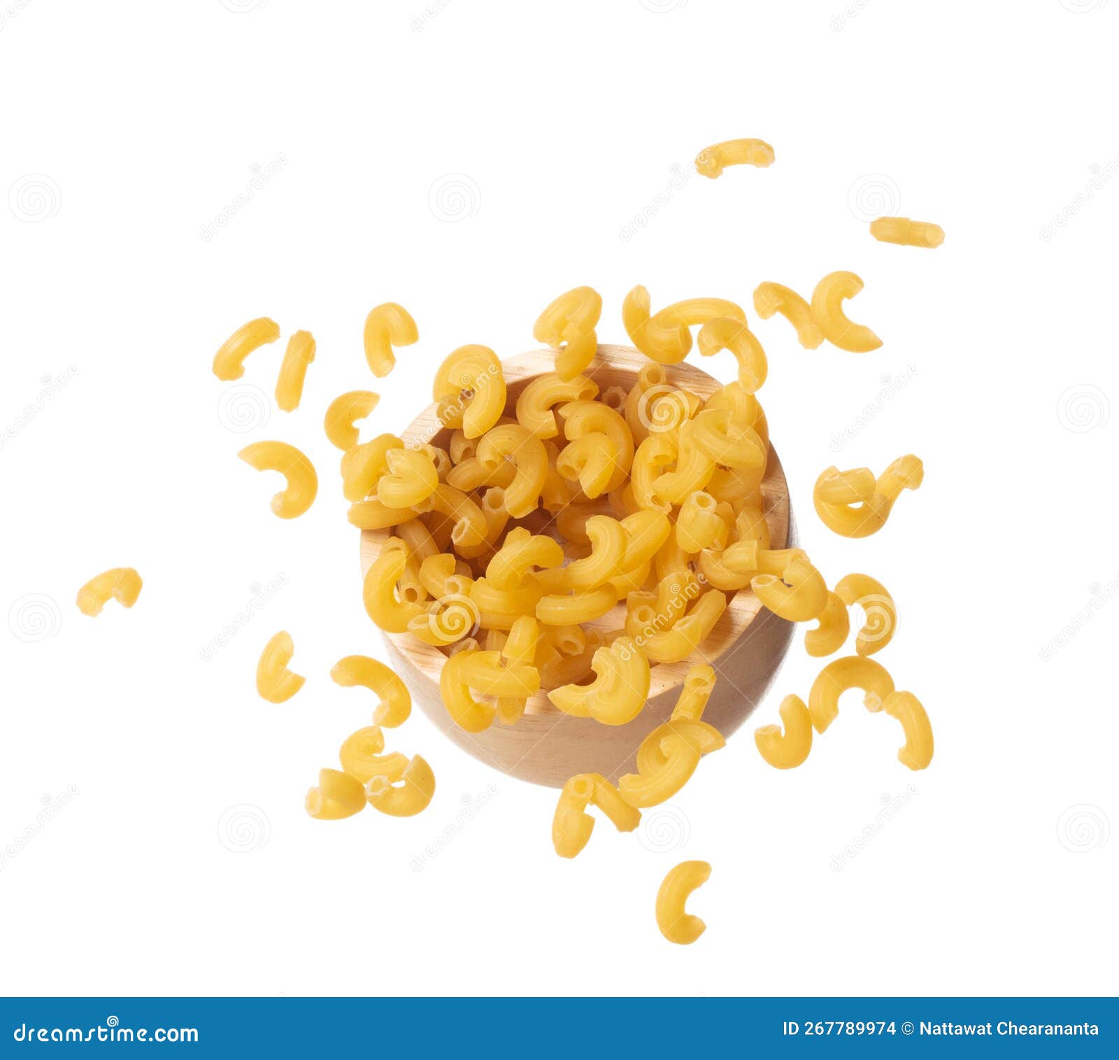 Macaroni Fall on Wooden Bowl, Yellow Macaronis Pasta Float Explode ...