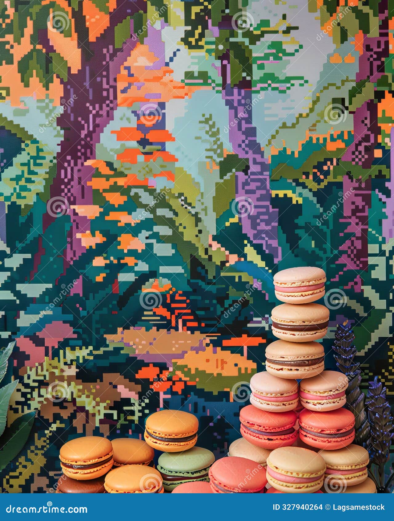 Macarons Arranged Artistically with a Backdrop of Pixel Art Featuring a Colorful Rainforest ...