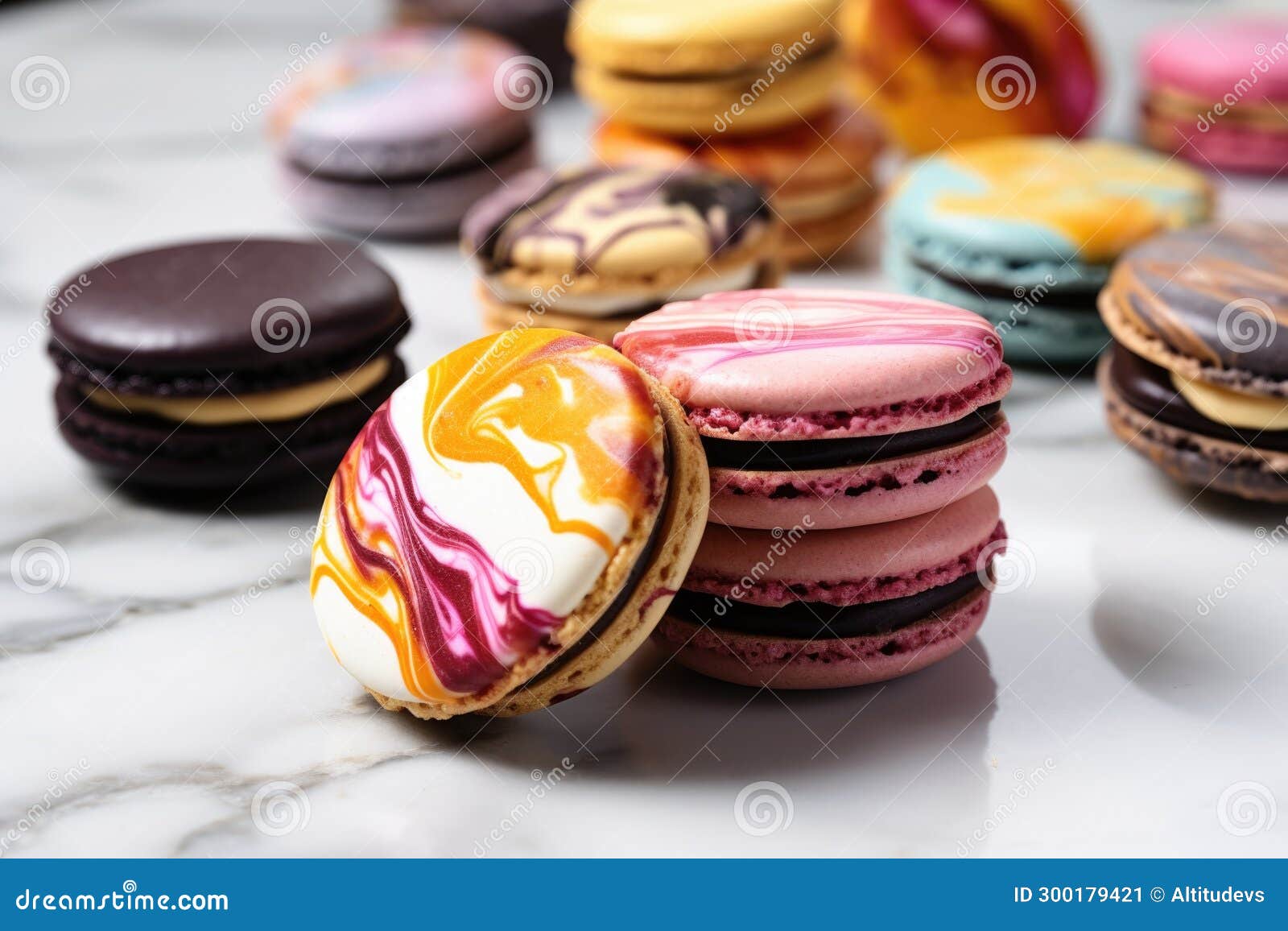 Macarons with Different Fillings Cut in Half, Showcased on a Marble ...