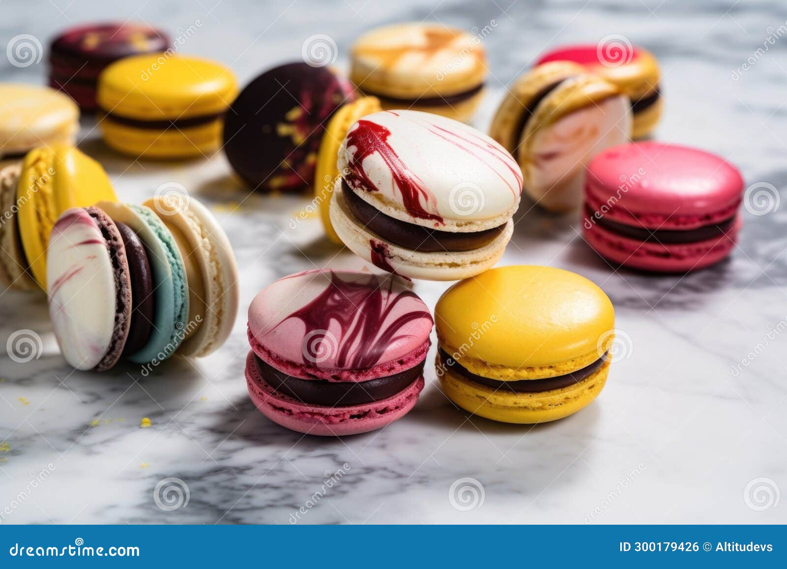 Macarons with Different Fillings Cut in Half, Showcased on a Marble ...