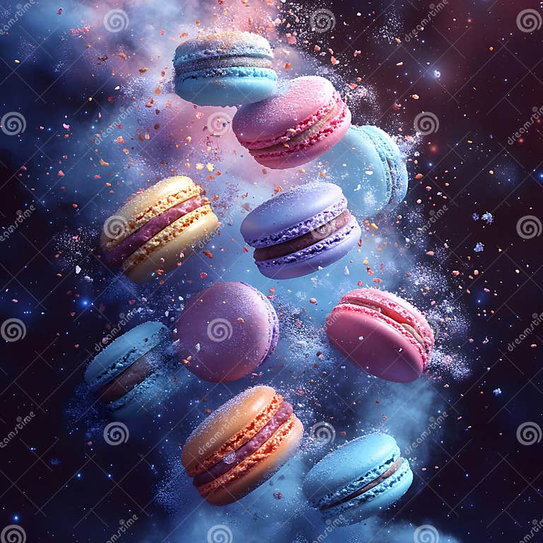 Macarons in Pastel Colors Flying through a Cosmic Backdrop Stock Illustration - Illustration of ...
