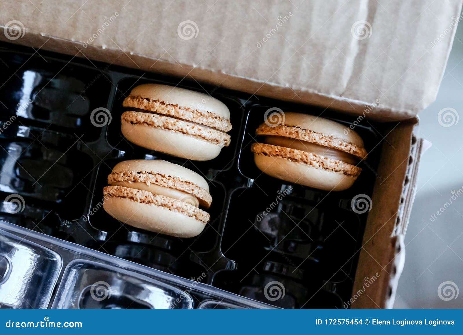 Macaroons in a Cardboard Box. Container for Transportation of Dessert ...