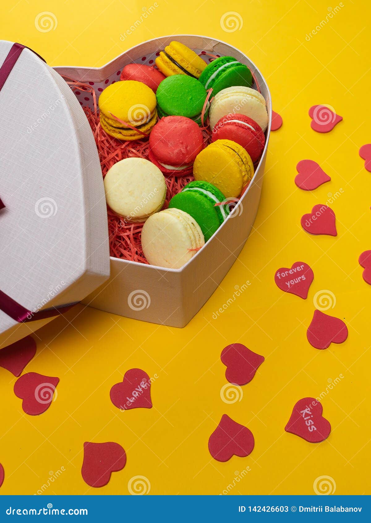 Macaroons in a Gift Box. Heart-shaped Box. Copy Space Stock Image ...