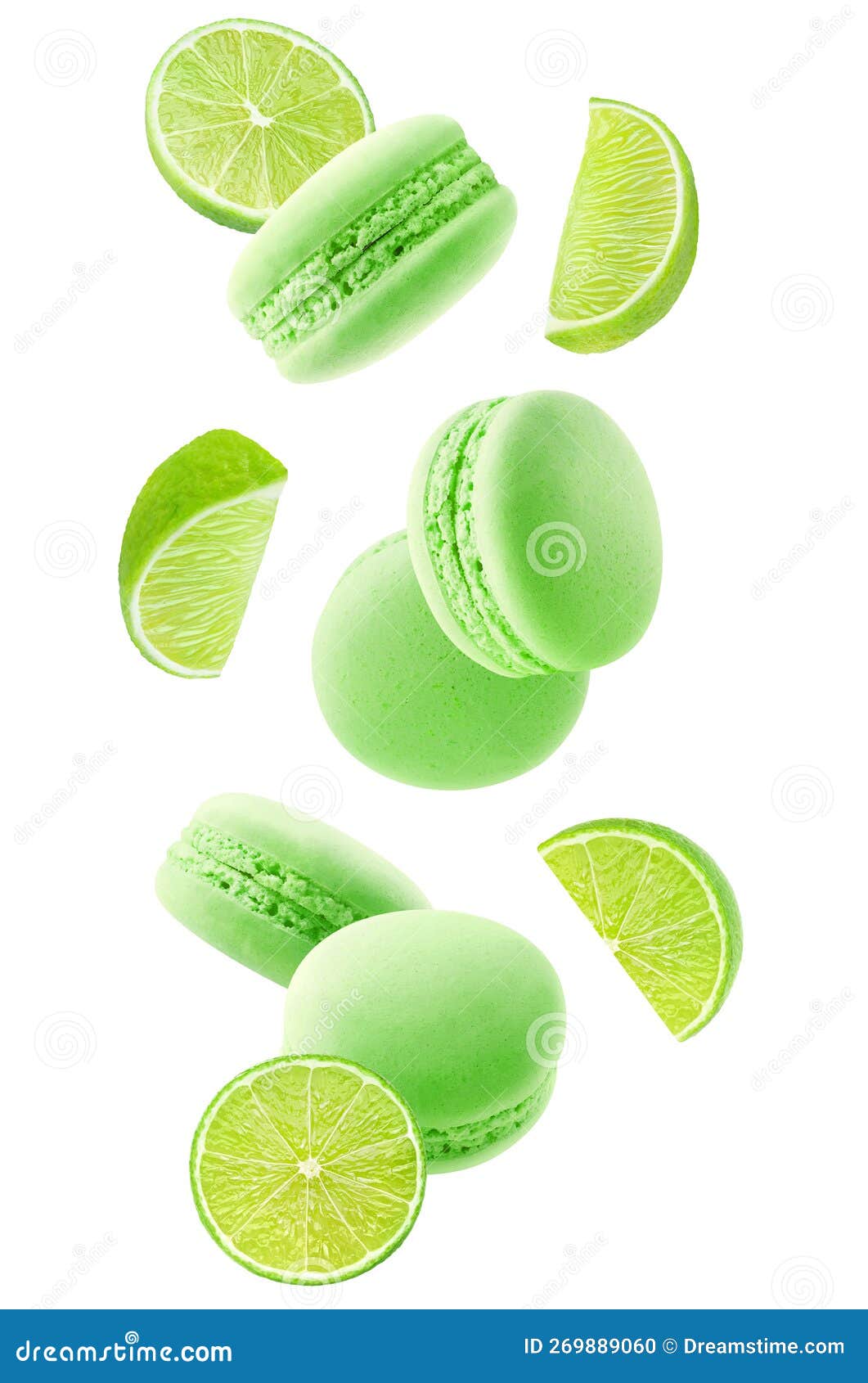Macaroons and Pieces of Lime Fruit Levitation, Isolated on White ...