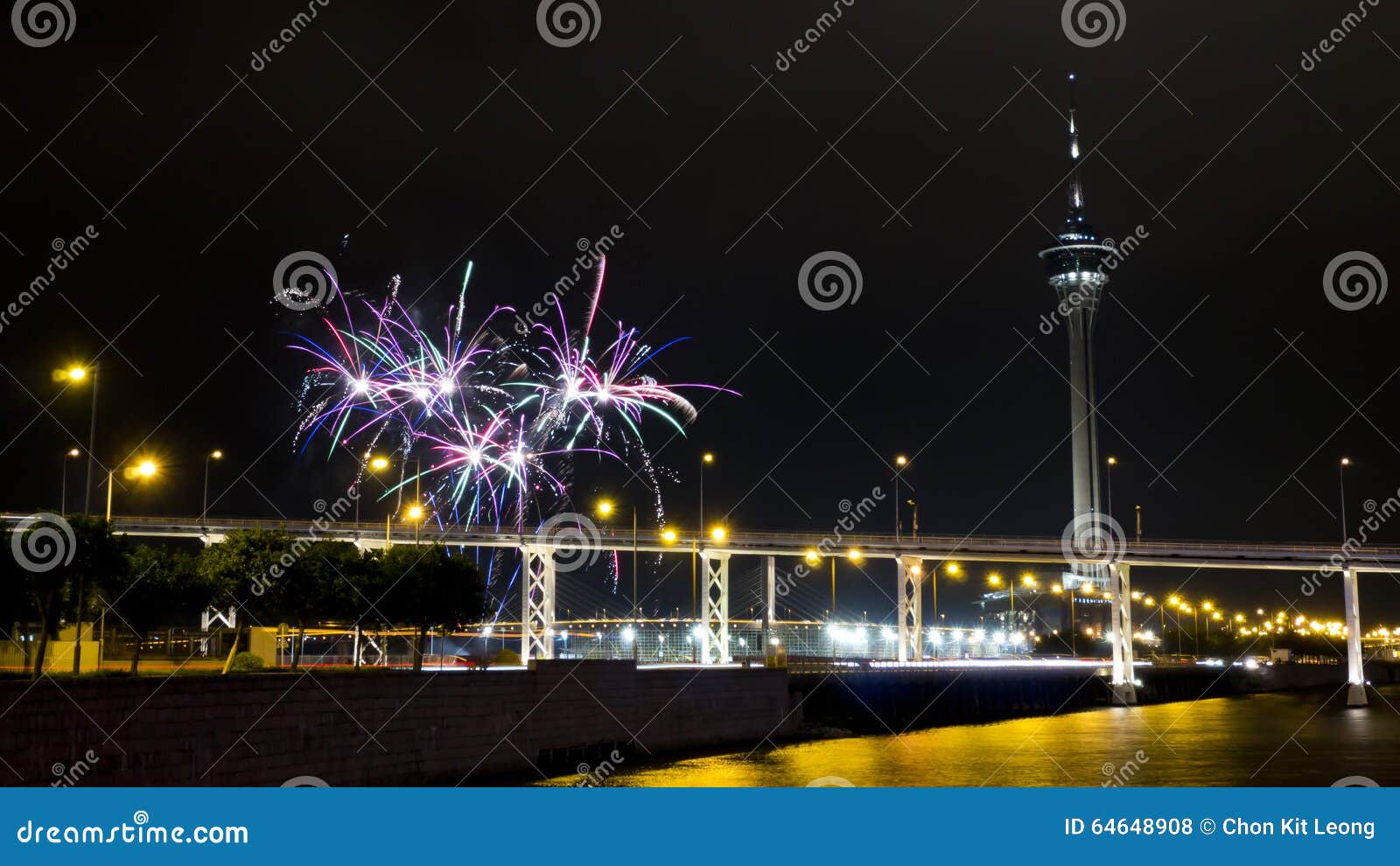 Macau-Taipa Bridge, Macau Tower and Fireworks Stock Photo - Image of ...