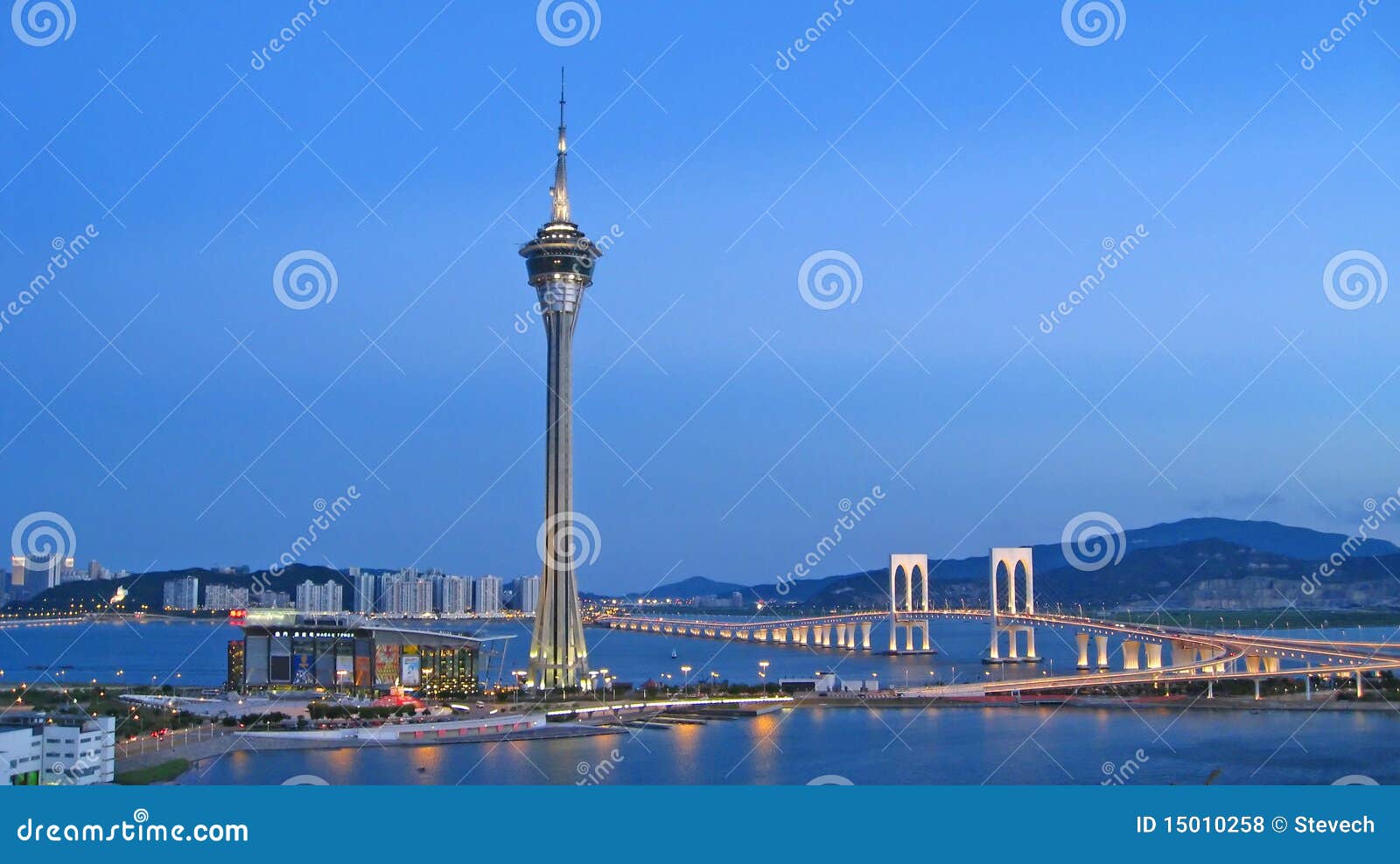 Macau Tower and Bridge on a Blue Summer Night Stock Photo - Image of ...