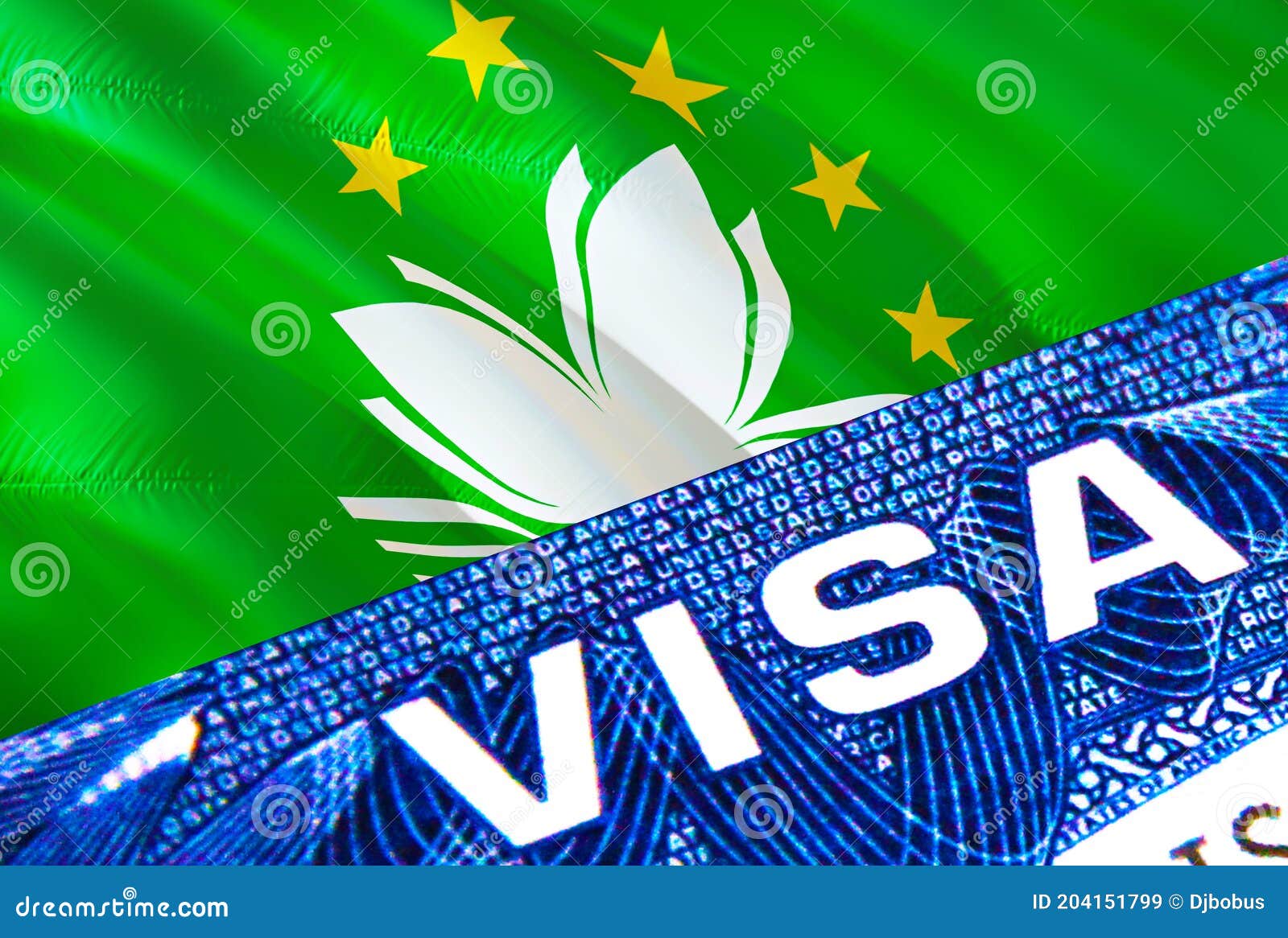 Macau Visa Document Close Up. Passport Visa on Macau Flag. Macau ...
