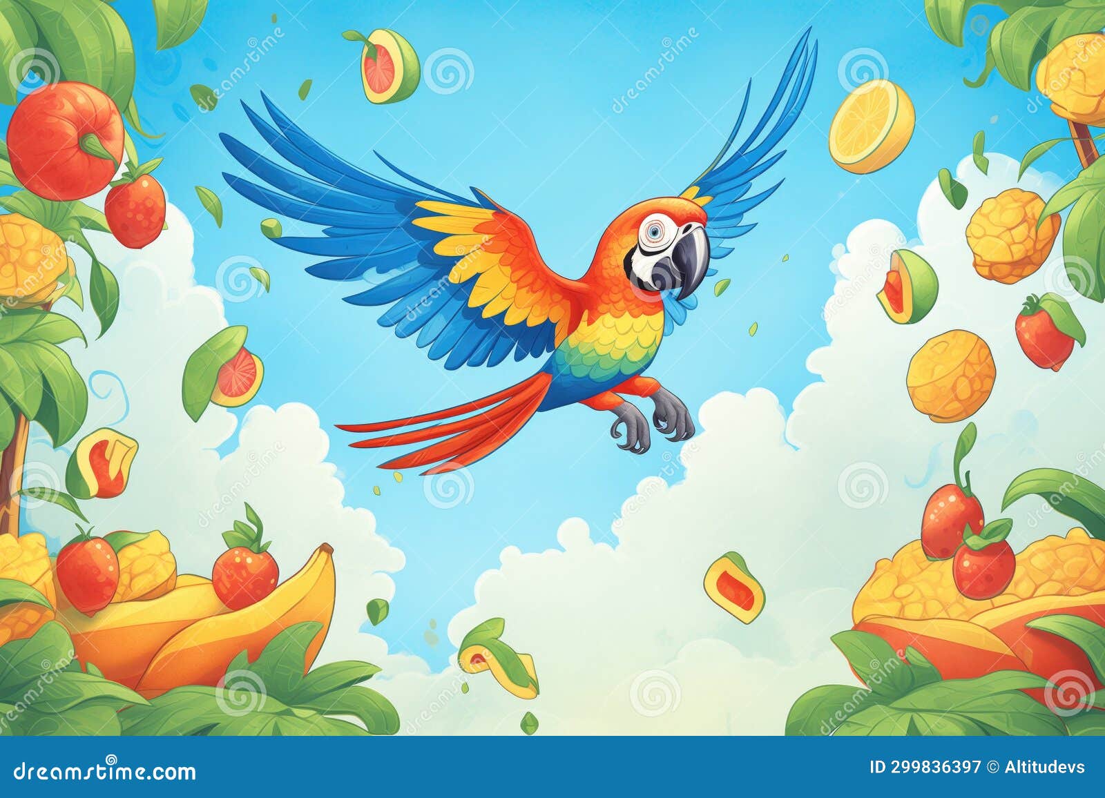 A Macaw Flying with Tropical Fruits in the Background Stock Image ...