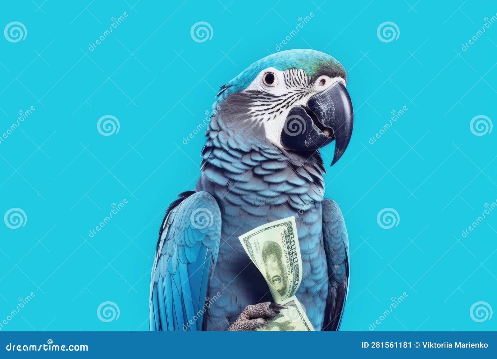 Macaw Parrot with a Dollar Bill on a Blue Background Stock Illustration ...
