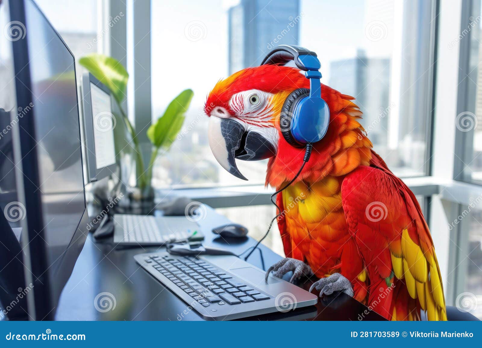 A Macaw Parrot Working at a Computer in the Office. the Concept of ...