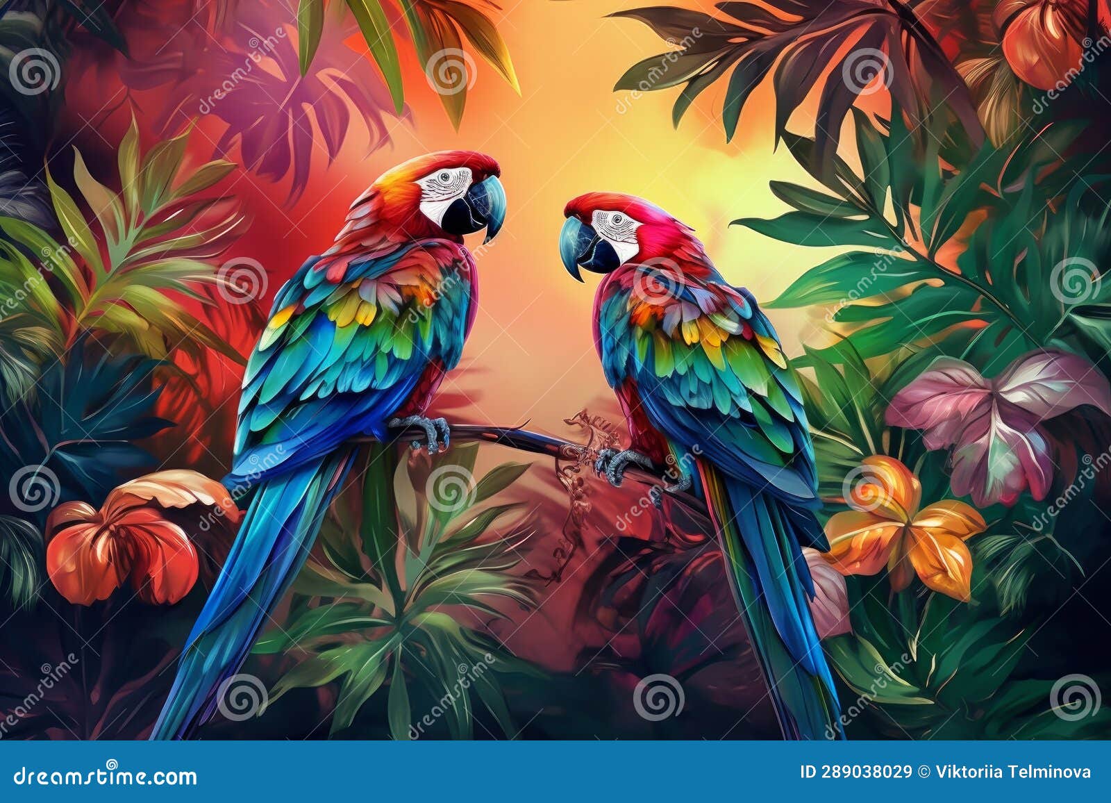 Macaw Parrots on the Branches of Tropical Plants in the Jungle Stock ...