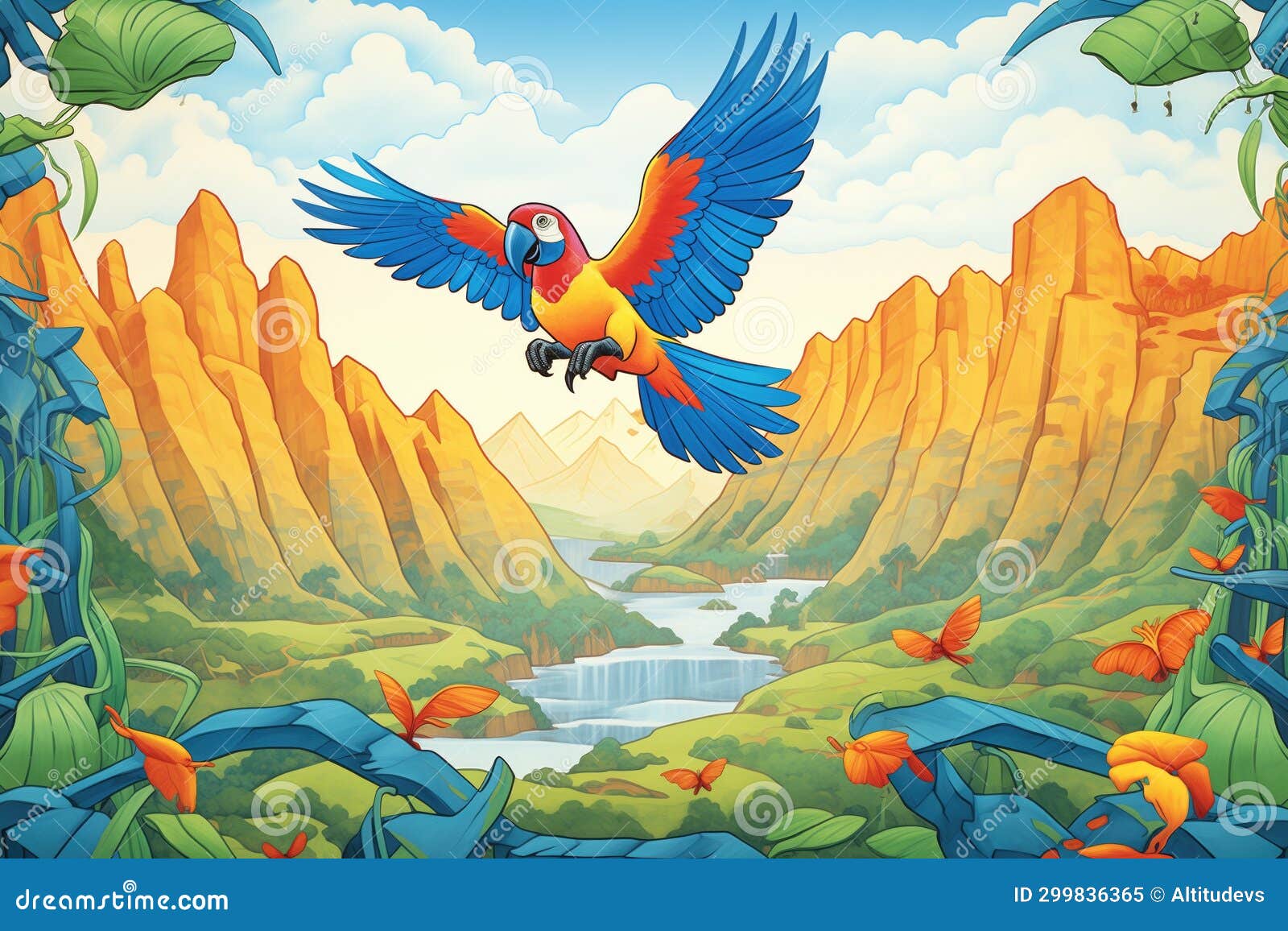 Macaw Takes Flight Over Rainforest, Mountain Range in the Distance ...