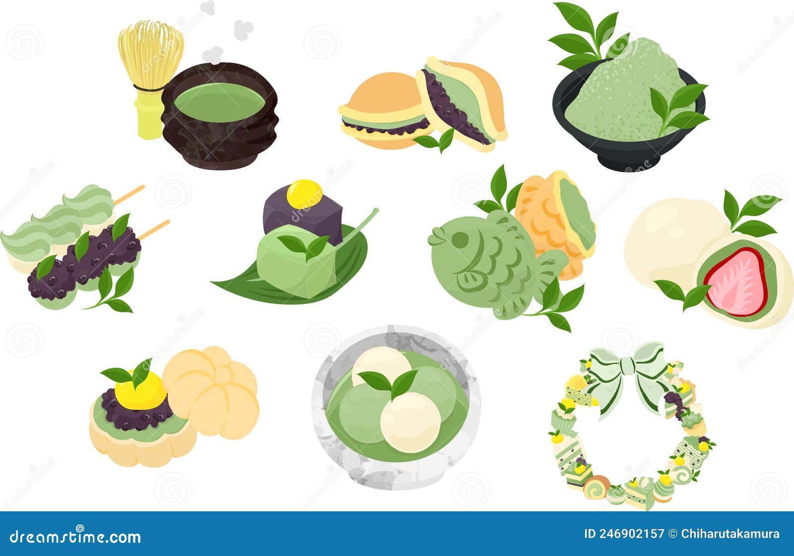 The Cute Icons of Matcha Sweets Stock Vector - Illustration of food ...