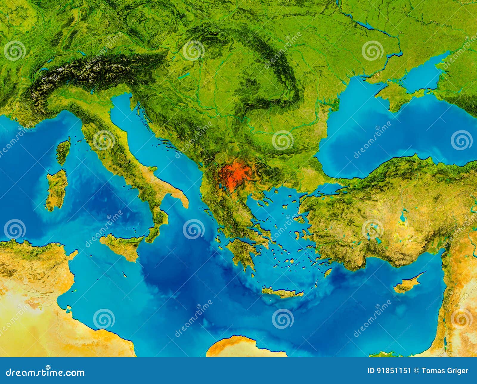 Macedonia on physical map stock illustration. Illustration of render ...