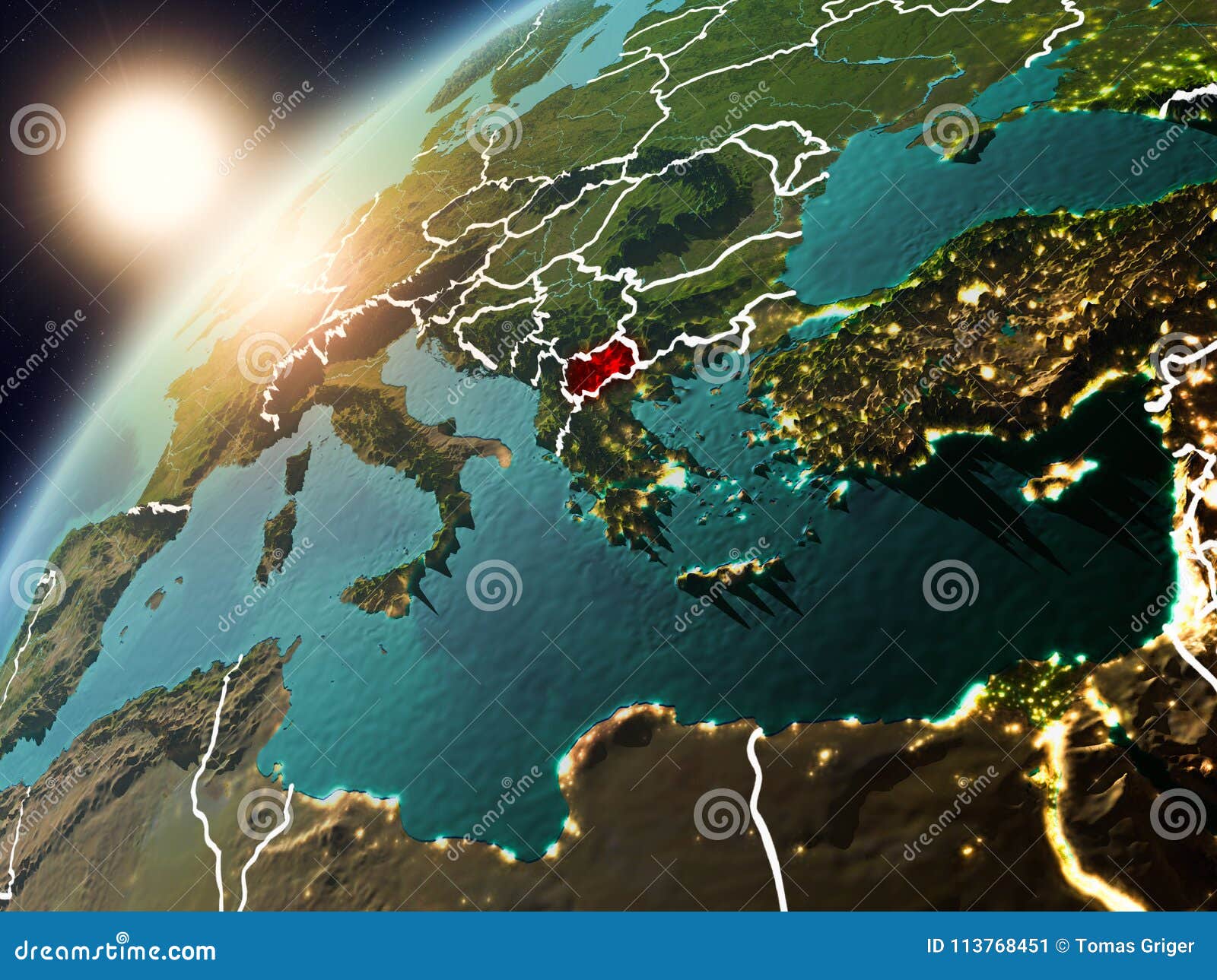 Macedonia on Planet Earth in Sunset Stock Illustration - Illustration ...
