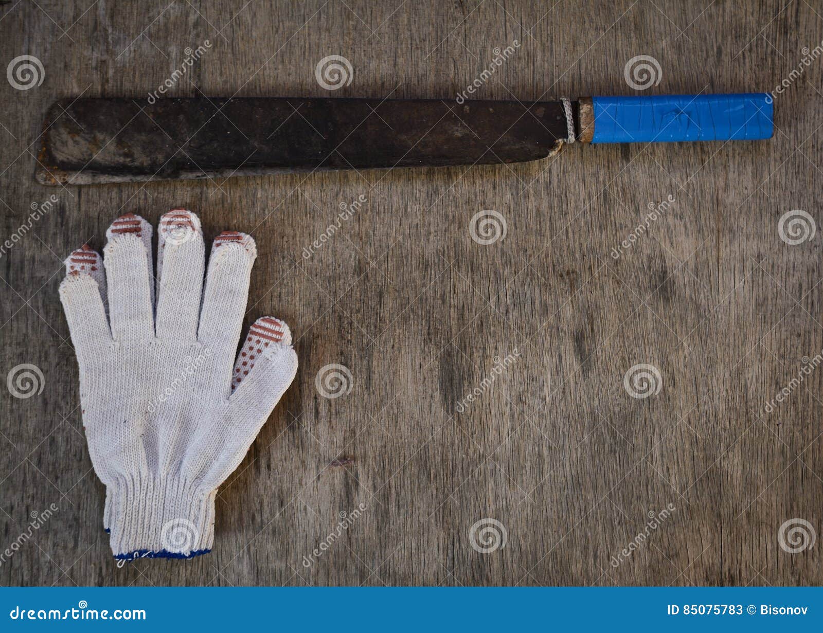 Machetes and Gloves on Wooden Background. Stock Image - Image of ...