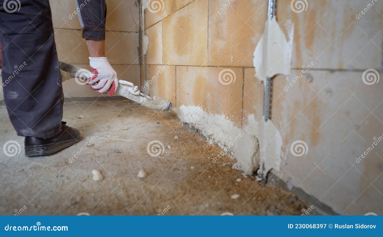 Plasterer Spraying Plastering Mortar On Ceiling With Sprayer Machine ...