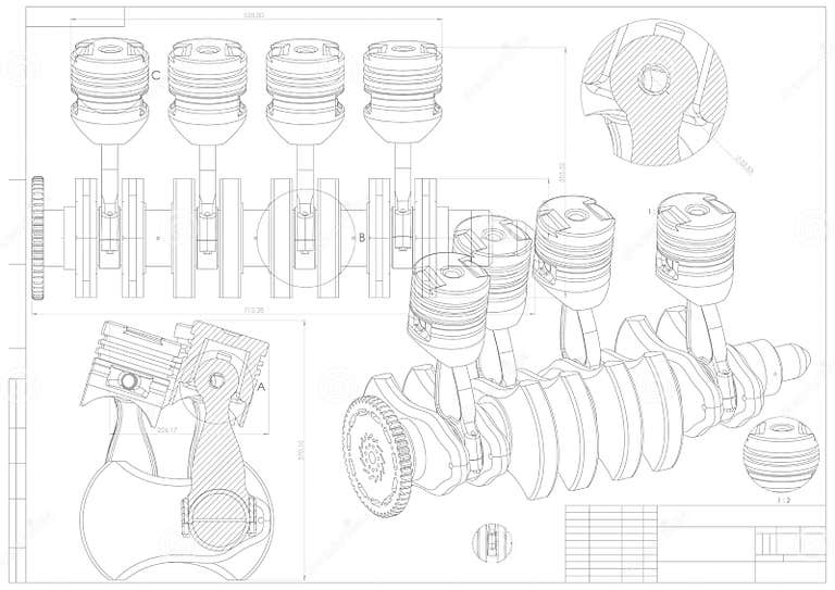 Machine Building Drawing. Engine Car on a White Stock Vector ...