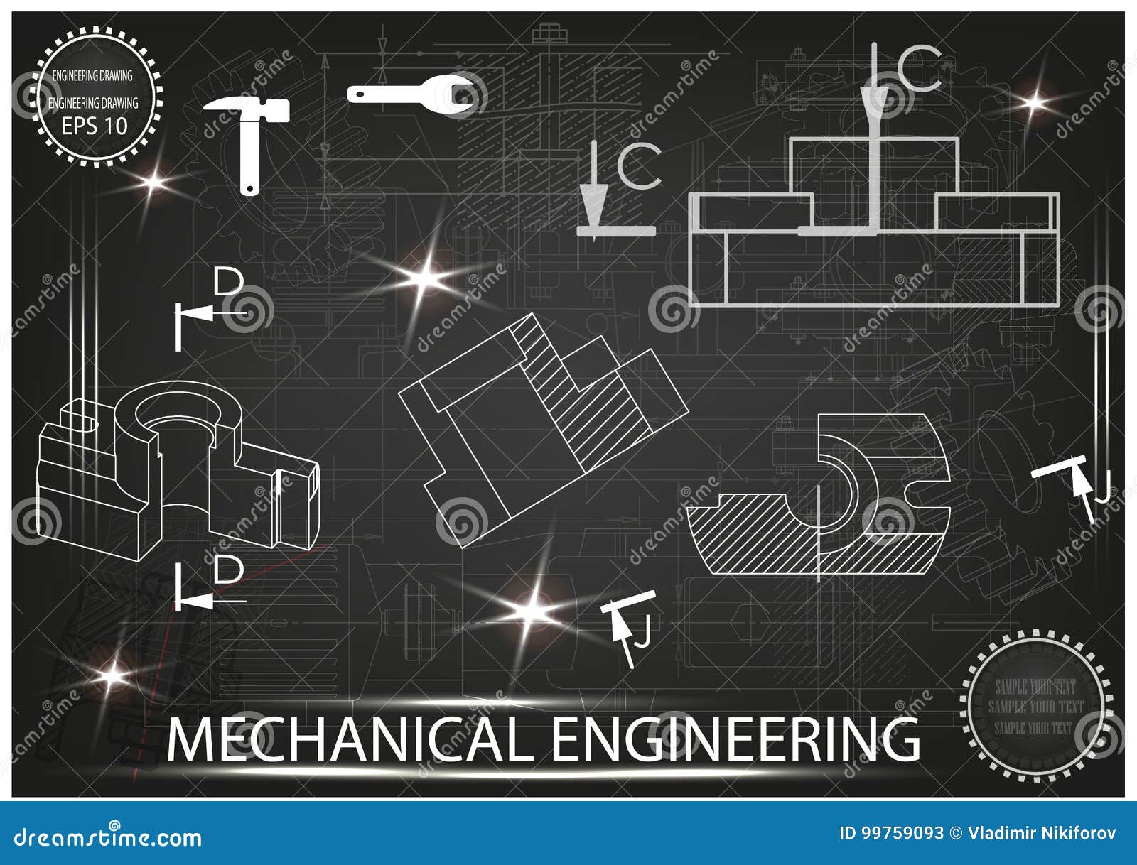 Machine-building Drawings on a Black Background, Wheel Stock Vector ...