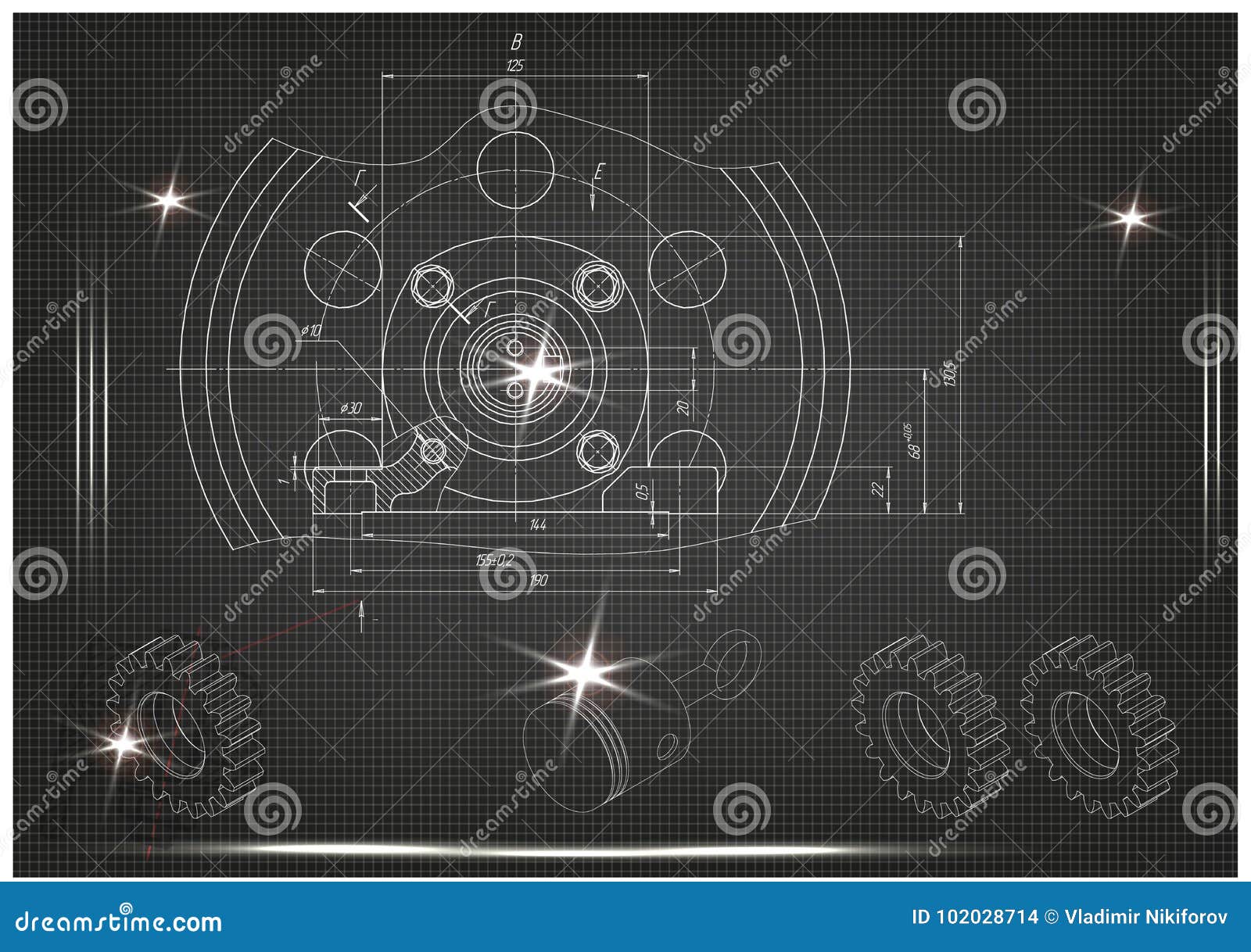 Machine-building Drawings on a Black Background Stock Vector ...