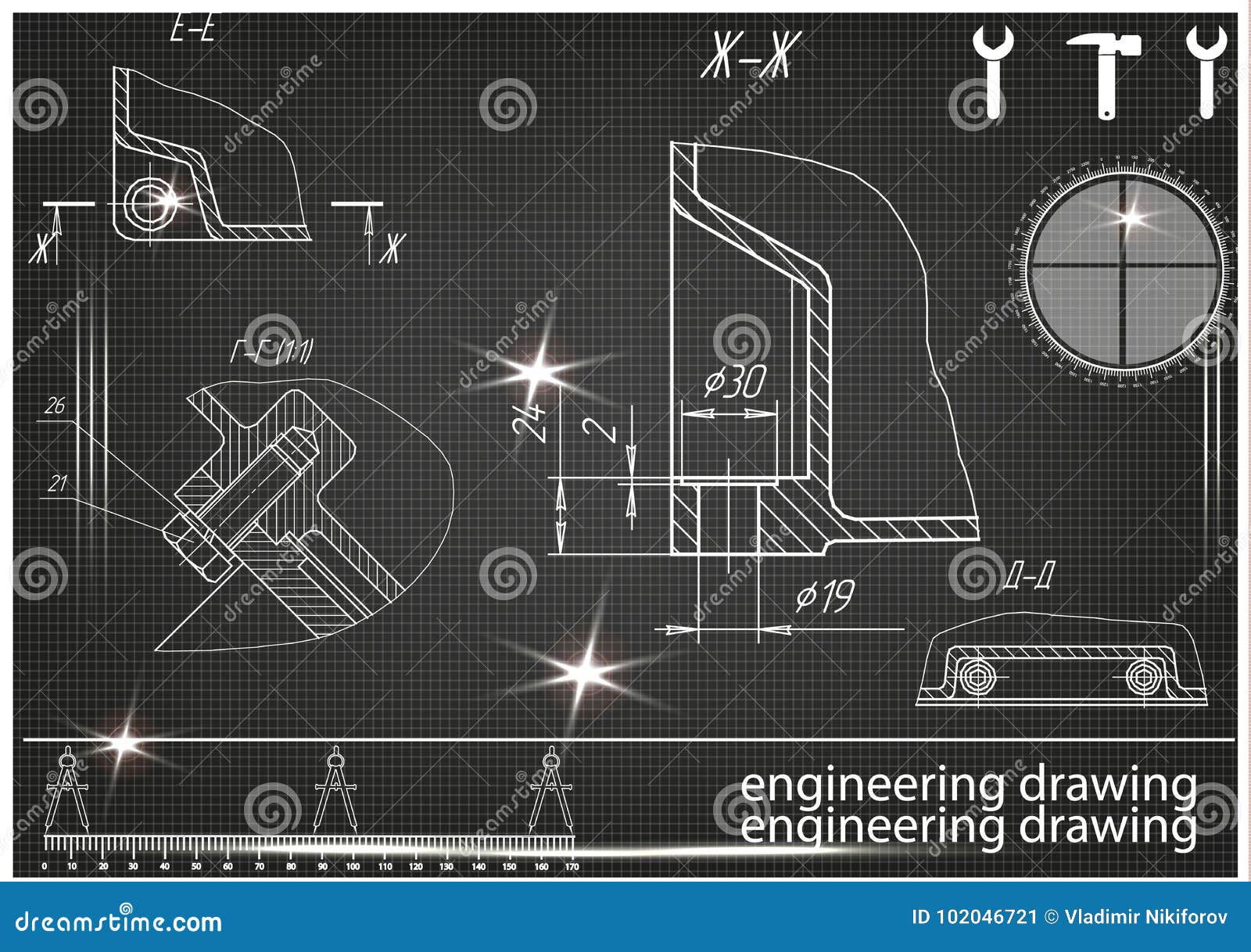 Machine-building Drawings on a Black Background Stock Vector ...